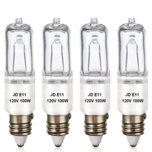 4 pack jde11 bulb,120v 100w halogen candelabra bulbs,t4 mini base jd e11 bulb ,dimmable 2700k warm white（replacement e11 led bulb,for chandeliers,candelabra,ceiling fan, table lamps, cabinet lighting