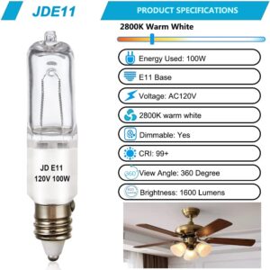 4 Pack JDE11 Bulb,120V 100W Halogen Candelabra Bulbs,T4 Mini Base JD E11 Bulb ,Dimmable 2700K Warm White（Replacement E11 LED bulb,for Chandeliers,Candelabra,Ceiling Fan, Table Lamps, Cabinet Lighting