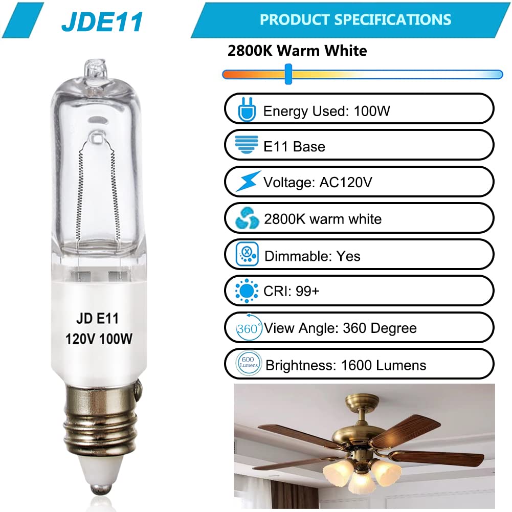 4 Pack JDE11 Bulb,120V 100W Halogen Candelabra Bulbs,T4 Mini Base JD E11 Bulb ,Dimmable 2700K Warm White（Replacement E11 LED bulb,for Chandeliers,Candelabra,Ceiling Fan, Table Lamps, Cabinet Lighting