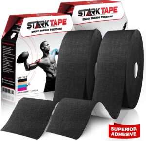 starktape kinesiology tape - professional 2 pack bulk physio rolls sports tapes for sensitive skin. k physical therapy tape for knee, shoulder, ankle, wrist, foot, back injury muscle pain aid - black