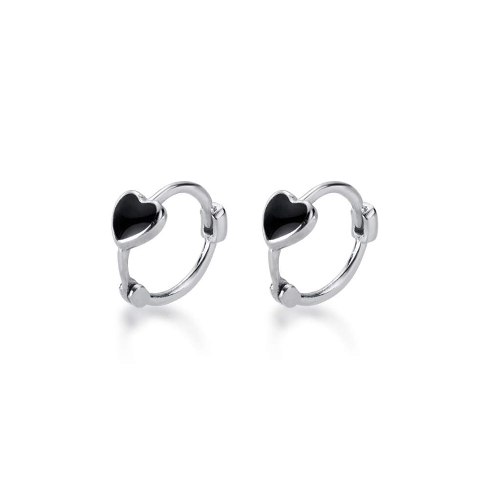 Black Heart Small Hoop Earrings S925 Sterling Silver Minimalist Cartilage Tragus Round Huggie Hoops 10mm Statement Earring Cute Jewelry Gifts for Women Girls Hypoallergenic