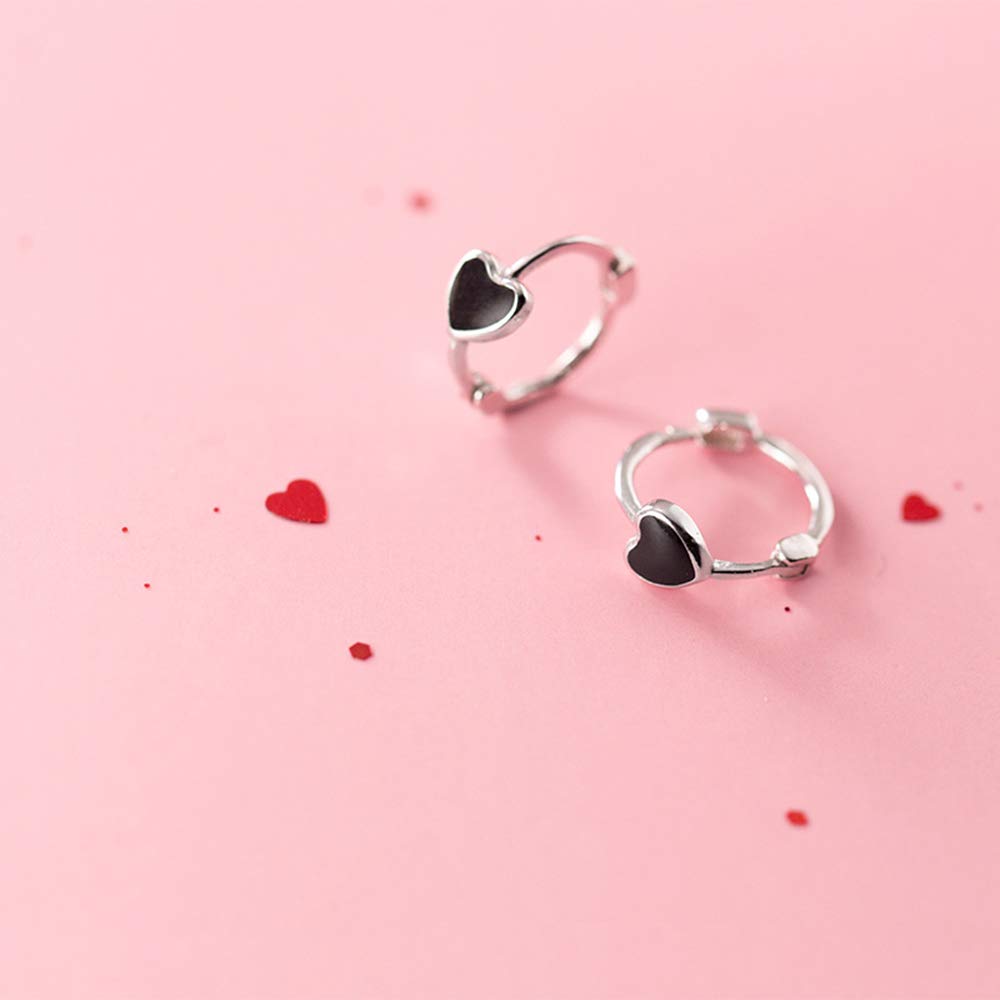 Black Heart Small Hoop Earrings S925 Sterling Silver Minimalist Cartilage Tragus Round Huggie Hoops 10mm Statement Earring Cute Jewelry Gifts for Women Girls Hypoallergenic