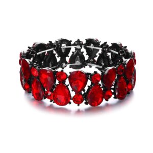 flyonce bridal crystal teardrop elastic stretch bracelet for women, rhinestone statement jewelry red