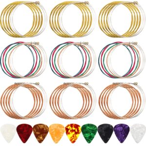 9 sets of 6 acoustic guitar strings replacement steel guitar strings (gold, brass, multicolor) with 9 pieces celluloid guitar picks 3 sizes for electric acoustic guitar beginners