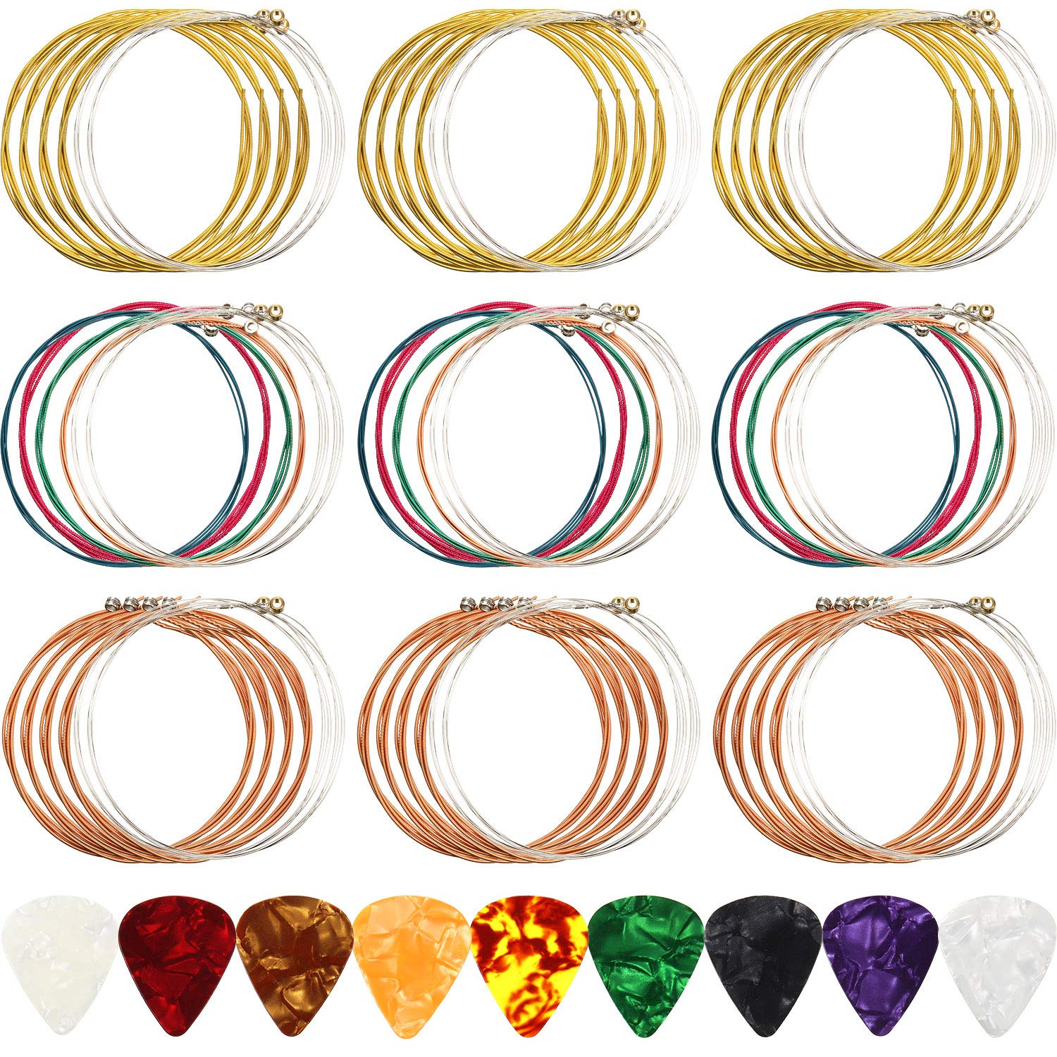 9 Sets of 6 Acoustic Guitar Strings Replacement Steel Guitar Strings (Gold, Brass, Multicolor) with 9 Pieces Celluloid Guitar Picks 3 Sizes for Electric Acoustic Guitar Beginners