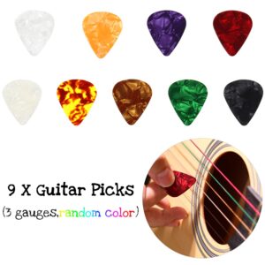 9 Sets of 6 Acoustic Guitar Strings Replacement Steel Guitar Strings (Gold, Brass, Multicolor) with 9 Pieces Celluloid Guitar Picks 3 Sizes for Electric Acoustic Guitar Beginners