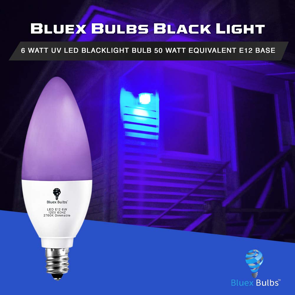 2 Pack LED Black Light Bulb, 6W E12 Candle Blacklight Bulb Level 385-400nm, Body Paint, Glow in The Dark Party E12 LED Light Bulb Neon Glow Fluorescent Poster Candelabra Bulbs