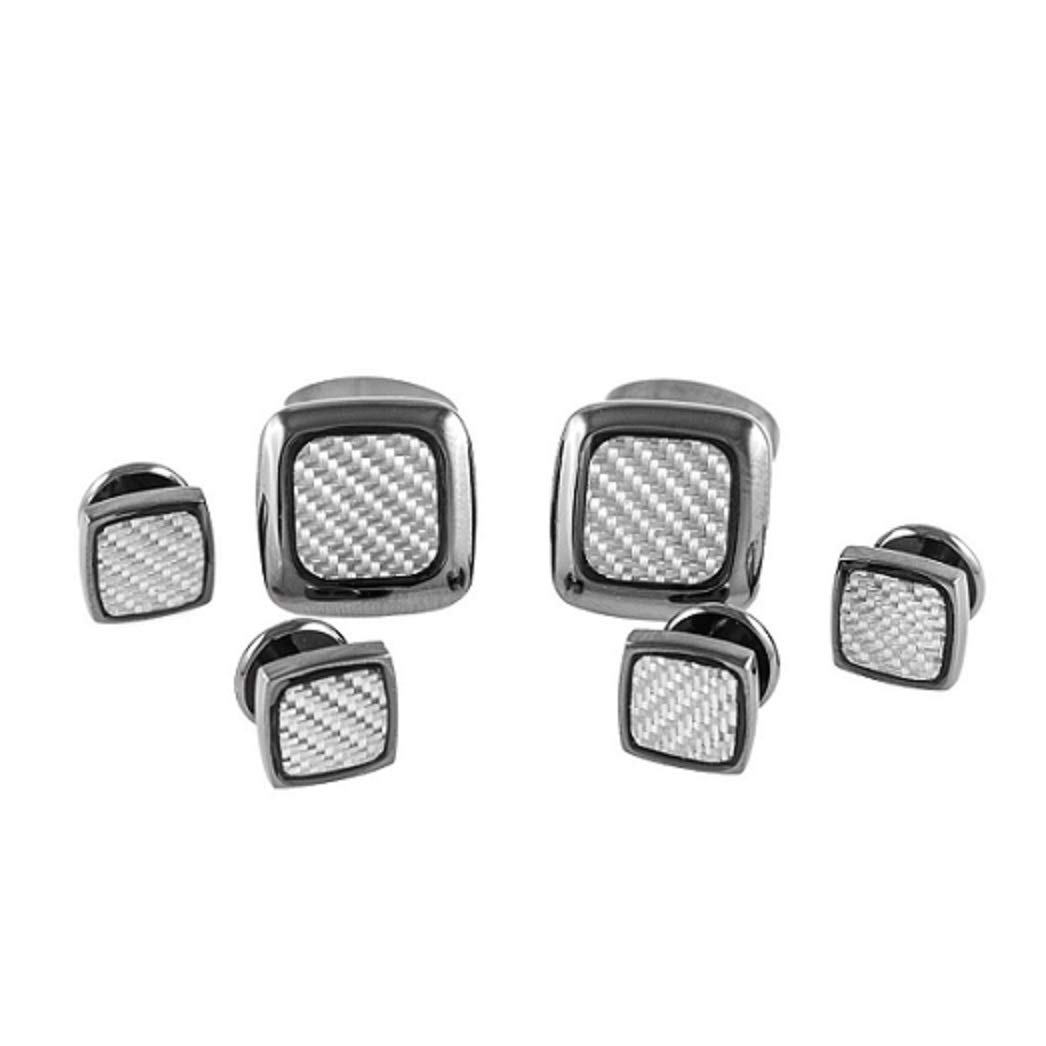 MRCUFF Gunmetal Carbon Fiber Grey Set Tuxedo Cufflinks & Studs in Presentation Gift Box & Polishing Cloth