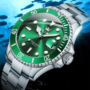 OLEVS Luxury Stainless Steel Watch With Date, Green And Silver,Dress Watches Waterproof ,Business Big Quartz Watch,Mens Fashion Watch relojes de hombre