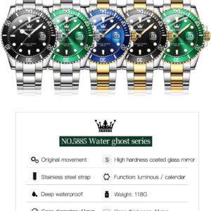 OLEVS Luxury Stainless Steel Watch With Date, Green And Silver,Dress Watches Waterproof ,Business Big Quartz Watch,Mens Fashion Watch relojes de hombre