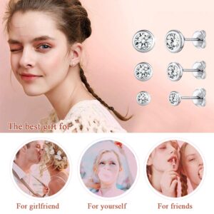 ChicSilver Sterling Silver Stud Earrings for Women Men- 3 Pairs Hypoallergenic Tiny Simulated Diamond Round Cubic Zirconia Ear Stud Set for Sensitive Ears