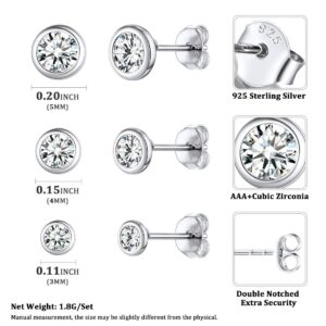 ChicSilver Sterling Silver Stud Earrings for Women Men- 3 Pairs Hypoallergenic Tiny Simulated Diamond Round Cubic Zirconia Ear Stud Set for Sensitive Ears