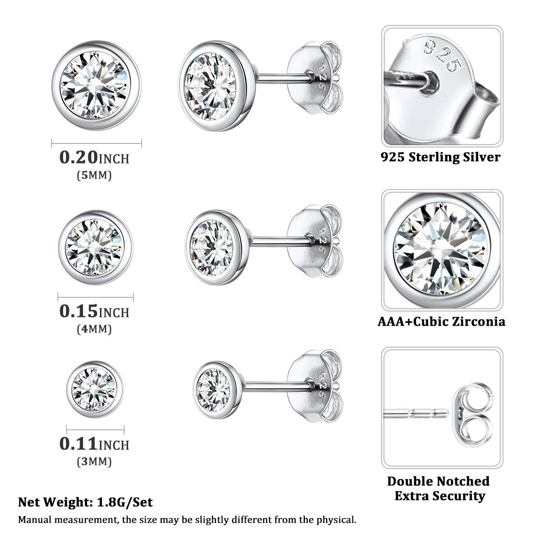 ChicSilver Sterling Silver Stud Earrings for Women Men- 3 Pairs Hypoallergenic Tiny Simulated Diamond Round Cubic Zirconia Ear Stud Set for Sensitive Ears