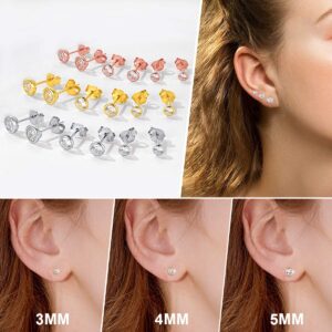 ChicSilver Sterling Silver Stud Earrings for Women Men- 3 Pairs Hypoallergenic Tiny Simulated Diamond Round Cubic Zirconia Ear Stud Set for Sensitive Ears