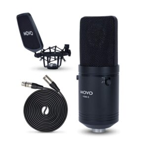 movo vsm-5 large diaphragm xlr studio cardioid condenser microphone with shock mount, pop filter, and xlr cable - ideal mic for vocals, podcasting, streaming, broadcasting, asmr, and more