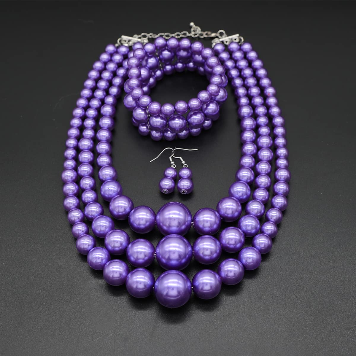 Big Pearl Necklace for Women Chunky Pearl Necklace and Earring Set Large Pearl Costume Necklace 1920s Pearl Necklace Faux Pearls Gatsby Accessories (Purple Pearl Necklace set)