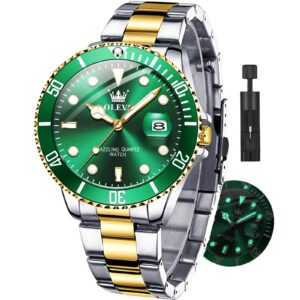 gold and green watches,stainless steel watch with date,waterproof analog quartz fashion green men watch,olevs watch,luxury dress men watch,luminous wristwatch men reloj de hombre