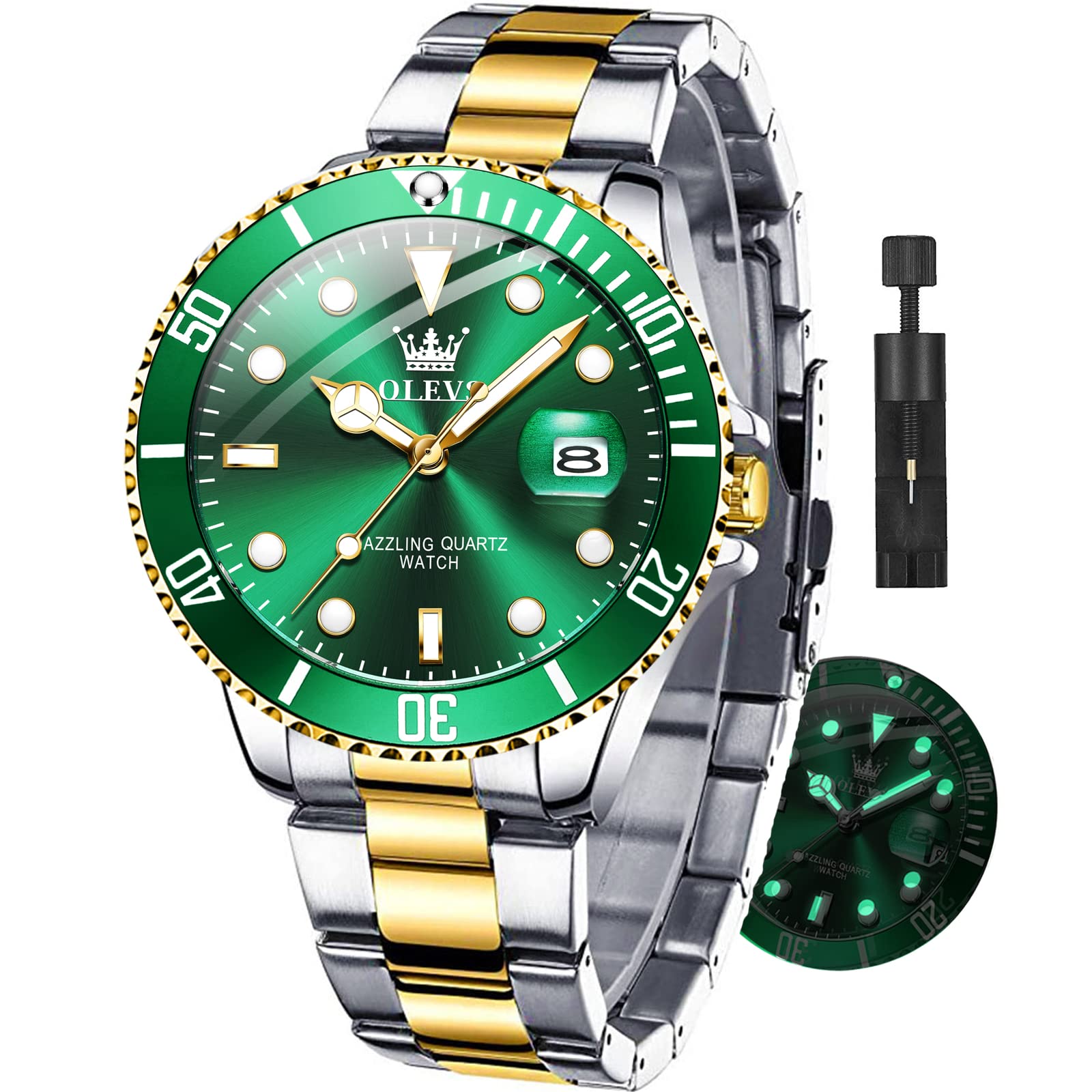 Gold And Green Watches,Stainless Steel Watch With Date,Waterproof Analog Quartz Fashion Green Men Watch,OLEVS Watch,Luxury Dress Men Watch,Luminous Wristwatch Men Reloj de hombre