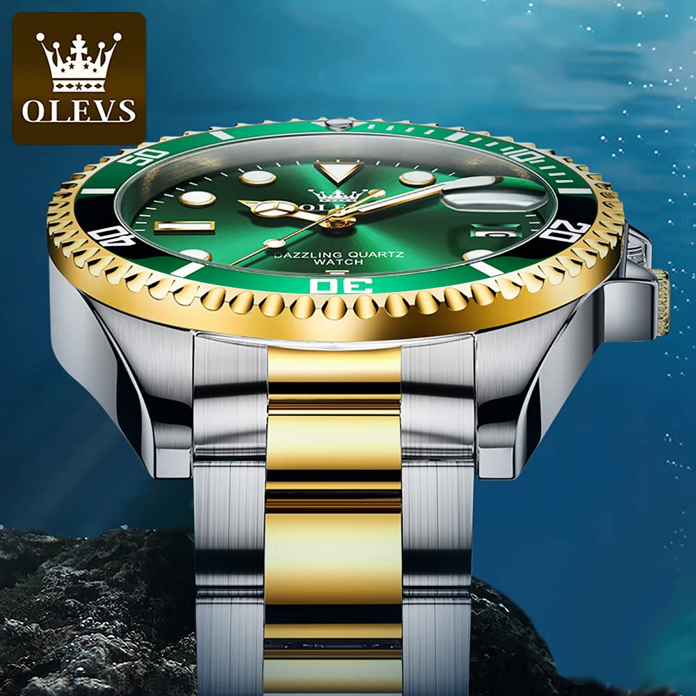 Gold And Green Watches,Stainless Steel Watch With Date,Waterproof Analog Quartz Fashion Green Men Watch,OLEVS Watch,Luxury Dress Men Watch,Luminous Wristwatch Men Reloj de hombre