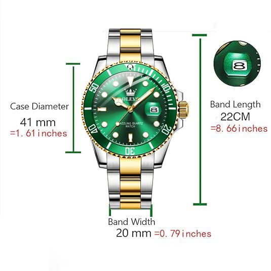 Gold And Green Watches,Stainless Steel Watch With Date,Waterproof Analog Quartz Fashion Green Men Watch,OLEVS Watch,Luxury Dress Men Watch,Luminous Wristwatch Men Reloj de hombre