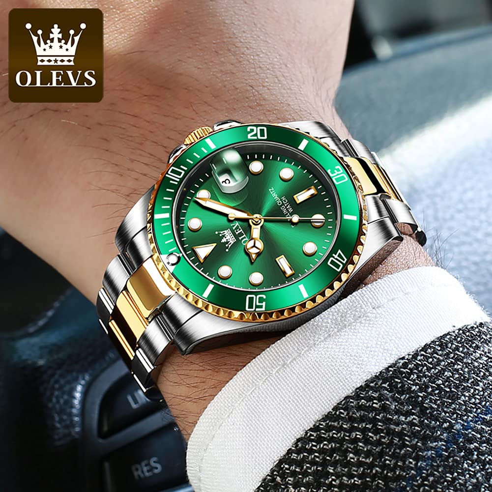 Gold And Green Watches,Stainless Steel Watch With Date,Waterproof Analog Quartz Fashion Green Men Watch,OLEVS Watch,Luxury Dress Men Watch,Luminous Wristwatch Men Reloj de hombre