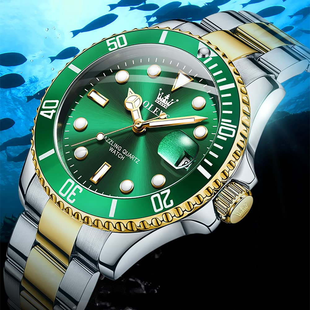 Gold And Green Watches,Stainless Steel Watch With Date,Waterproof Analog Quartz Fashion Green Men Watch,OLEVS Watch,Luxury Dress Men Watch,Luminous Wristwatch Men Reloj de hombre