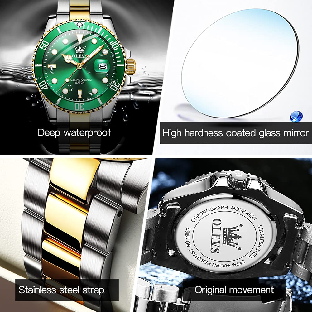 Gold And Green Watches,Stainless Steel Watch With Date,Waterproof Analog Quartz Fashion Green Men Watch,OLEVS Watch,Luxury Dress Men Watch,Luminous Wristwatch Men Reloj de hombre