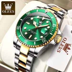 Gold And Green Watches,Stainless Steel Watch With Date,Waterproof Analog Quartz Fashion Green Men Watch,OLEVS Watch,Luxury Dress Men Watch,Luminous Wristwatch Men Reloj de hombre