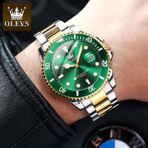 Gold And Green Watches,Stainless Steel Watch With Date,Waterproof Analog Quartz Fashion Green Men Watch,OLEVS Watch,Luxury Dress Men Watch,Luminous Wristwatch Men Reloj de hombre