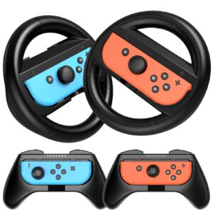 heystop wheel controller for nintendo switch & switch oled model 2021 (4 pack) joy con controller grip and switch steering wheel for mario kart (black)