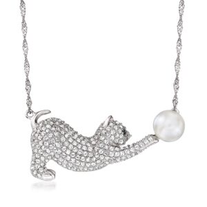 ross-simons 8mm cultured pearl and 1.80 ct. t.w. white topaz cat necklace in sterling silver with black spinel accent. 20 inches