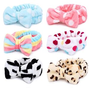 casoty 6 pcs spa soft coral fleece bow-style headbands for makeup, face washing, shower, skin care, and yoga