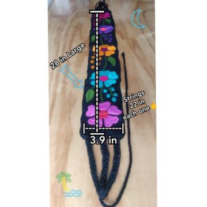 Mexican Embroidery Belt Sash 28 Inches & 22 Inches String Beautiful Floral Design Traditional Fiesta Party (Black, 1)