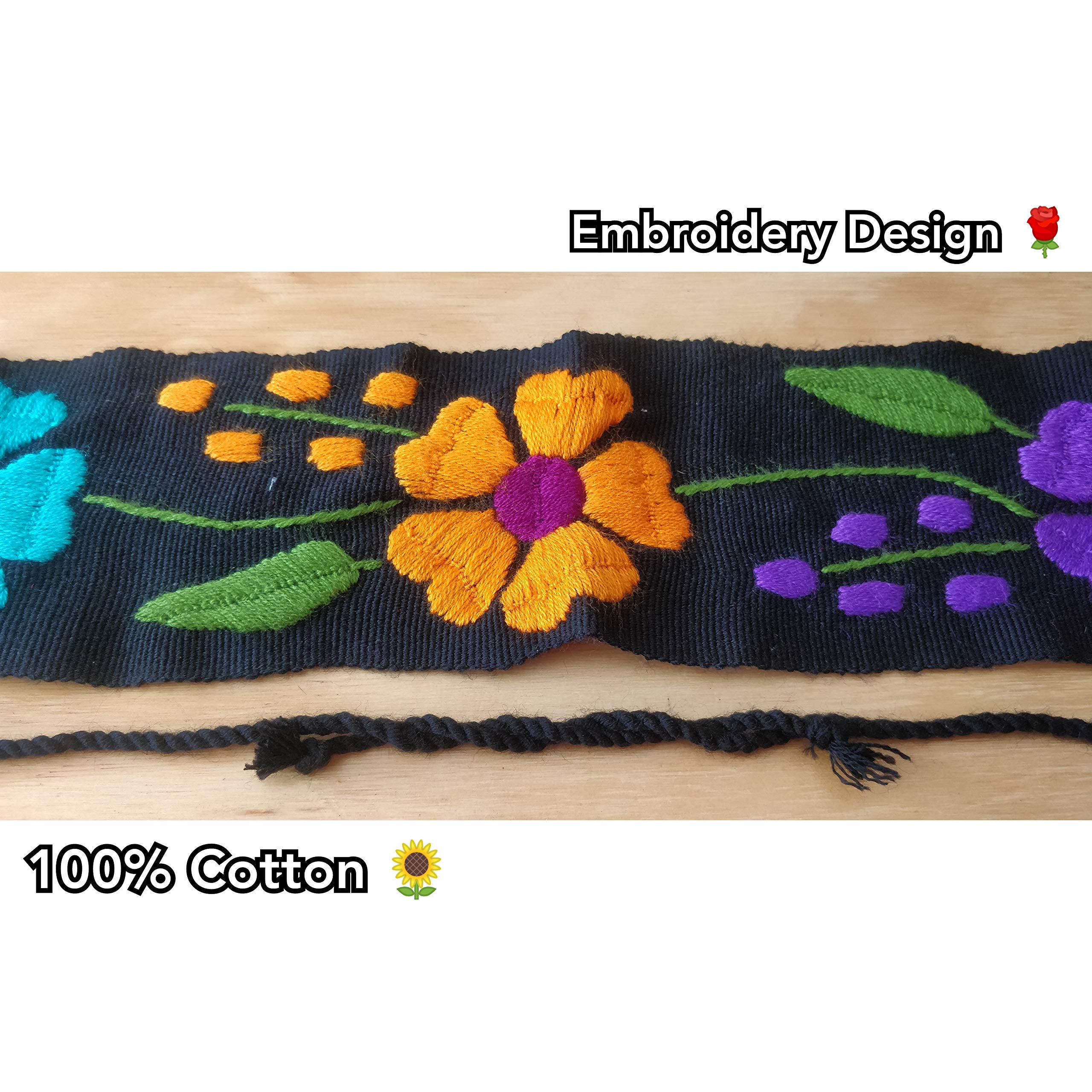 Mexican Embroidery Belt Sash 28 Inches & 22 Inches String Beautiful Floral Design Traditional Fiesta Party (Black, 1)