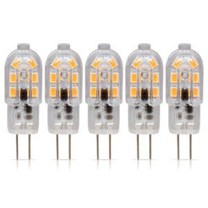 simba lighting led g4 bulb (5 pack) 1.5w t4 20w halogen replacement 12v ac/dc jc bi-pin base for accent lights, under cabinet puck light, chandeliers, track lighting, non-dimmable, soft white 3000k