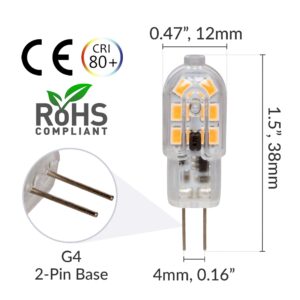 Simba Lighting LED G4 Bulb (5 Pack) 1.5W T4 20W Halogen Replacement 12V AC/DC JC Bi-Pin Base for Accent Lights, Under Cabinet Puck Light, Chandeliers, Track Lighting, Non-Dimmable, Soft White 3000K