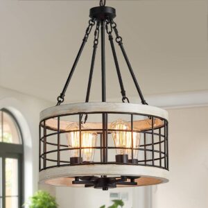 tzoe white oak wood color&black metal finish 4-light chandeliers for dining rooms,farmhouse drum chandelier,rustic small pendant light