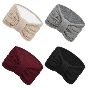 warm winter headbands for women cable crochet turban ear warmer headband gifts with plush, double twist multicolour 1(4 pack)