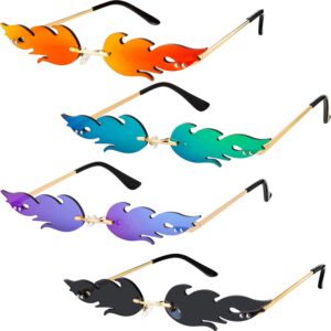 fire flame sunglasses rimless flame shaped sun glasses wave fire shaped glasses for women men party supplies photo props (4 pairs, red, purple, gray and green)