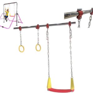 KidsJungle Kids Jungle Gym 3 in 1 Gymnastics Monkey Bar Kip Bar Deluxe Swing Set, Trapeze Rings, Adjustable Horizontal Climb Tower Junior Training Pink