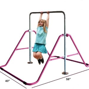 KidsJungle Kids Jungle Gym 3 in 1 Gymnastics Monkey Bar Kip Bar Deluxe Swing Set, Trapeze Rings, Adjustable Horizontal Climb Tower Junior Training Pink