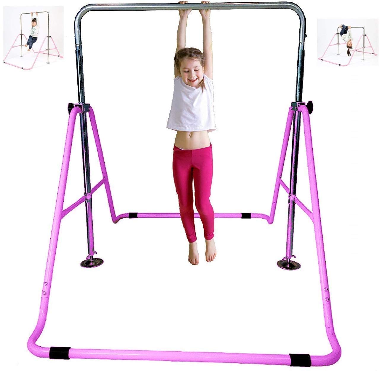 KidsJungle Kids Jungle Gym 3 in 1 Gymnastics Monkey Bar Kip Bar Deluxe Swing Set, Trapeze Rings, Adjustable Horizontal Climb Tower Junior Training Pink