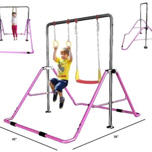 KidsJungle Kids Jungle Gym 3 in 1 Gymnastics Monkey Bar Kip Bar Deluxe Swing Set, Trapeze Rings, Adjustable Horizontal Climb Tower Junior Training Pink