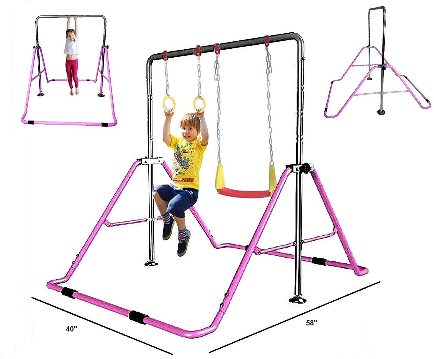 KidsJungle Kids Jungle Gym 3 in 1 Gymnastics Monkey Bar Kip Bar Deluxe Swing Set, Trapeze Rings, Adjustable Horizontal Climb Tower Junior Training Pink