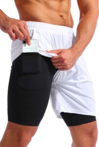 pudolla men’s 2 in 1 running shorts 7" quick dry gym athletic workout shorts for men with phone pockets(white medium)