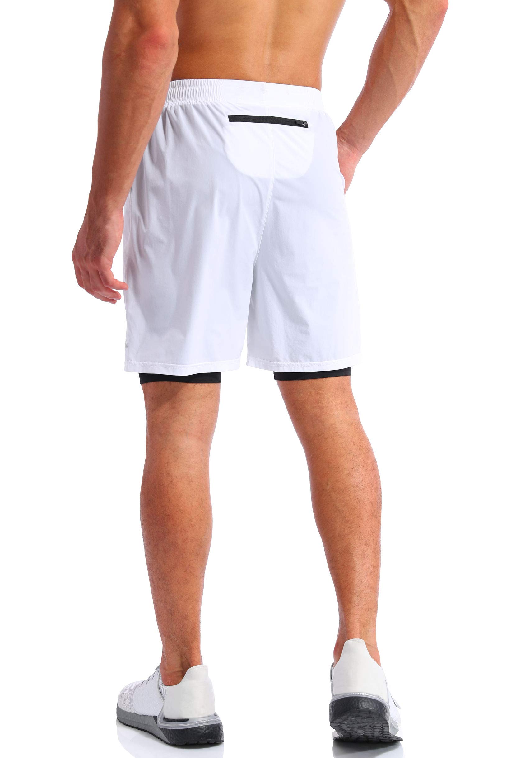 Pudolla Men’s 2 in 1 Running Shorts 7" Quick Dry Gym Athletic Workout Shorts for Men with Phone Pockets(White Medium)