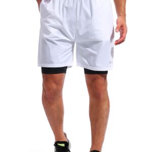 Pudolla Men’s 2 in 1 Running Shorts 7" Quick Dry Gym Athletic Workout Shorts for Men with Phone Pockets(White Medium)