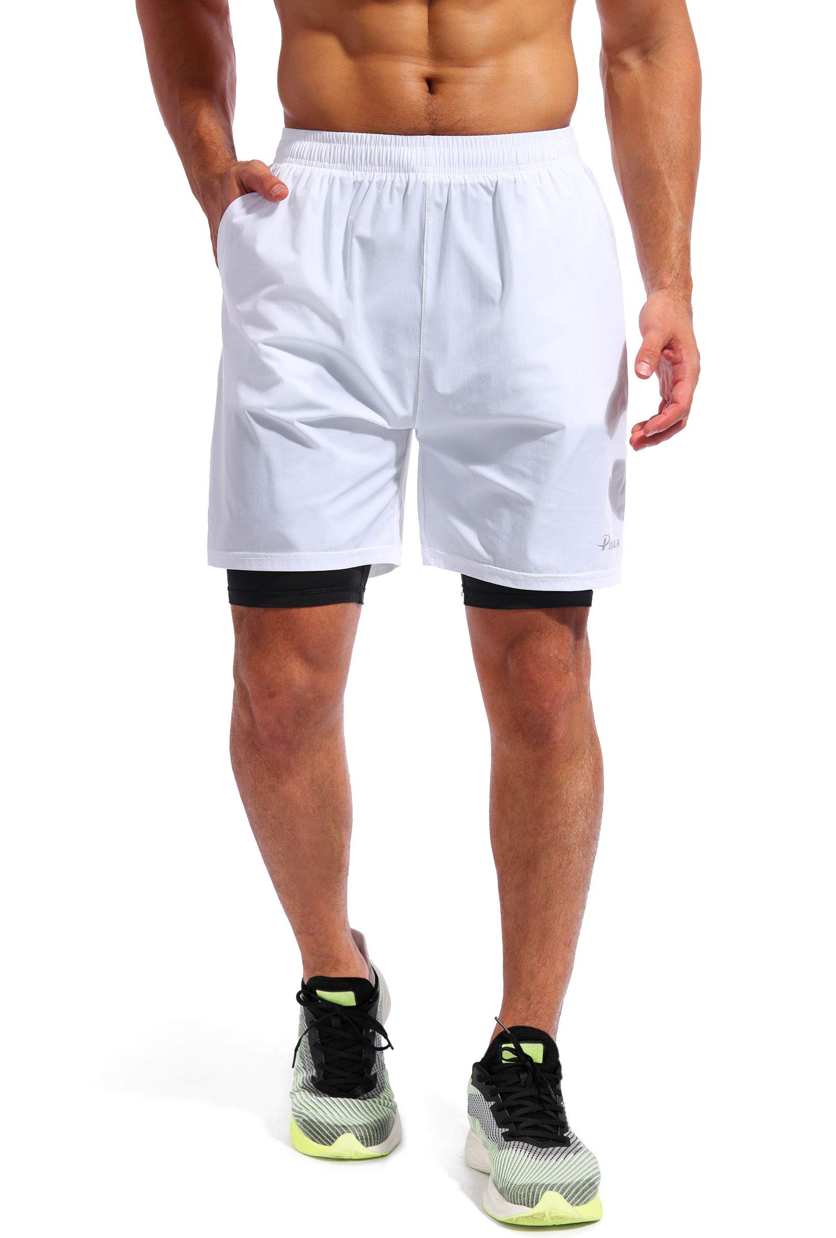 Pudolla Men’s 2 in 1 Running Shorts 7" Quick Dry Gym Athletic Workout Shorts for Men with Phone Pockets(White Medium)