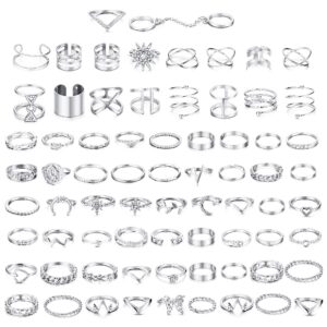 joerica 70pcs knuckle rings for women stackable joint midi finger ring set silver tone