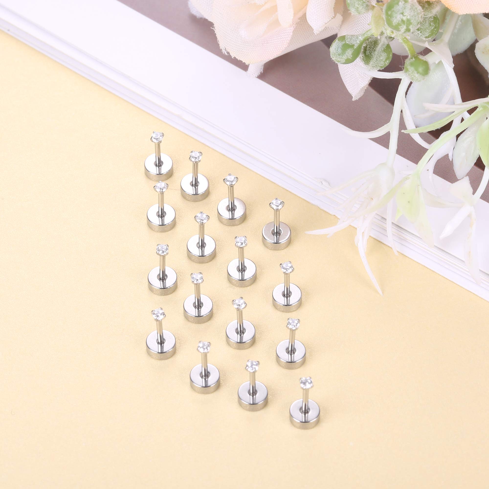 JOERICA 8 Pairs Tiny Cartilage Stud Earrings Stainless Steel Cubic Zirconia Earrings for Women Men 18G Screw Flat Back Earrings Set with 2MM CZ